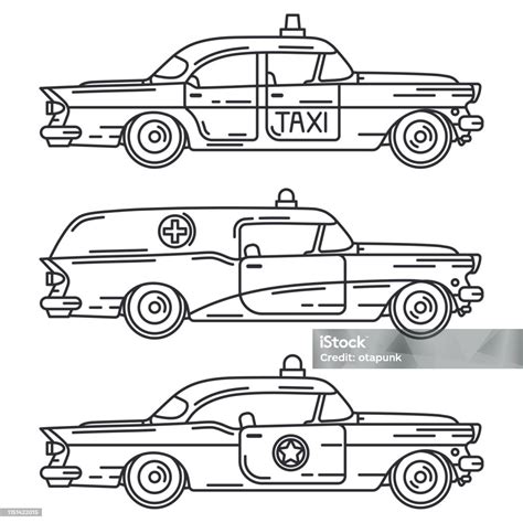 라인 벡터 아이콘 설정 미국 택시 경찰 구급차 자동 Oldtimer 고전적인 1950 년대 스타일 향수 골동품 자동차 도시 서비스입니다 빈티지 고속도로 자동차입니다 보안관