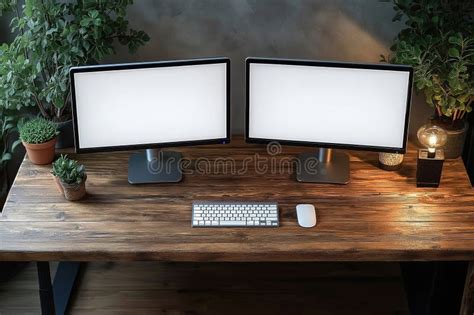 modern home office desk with two computers empty white screens wooden