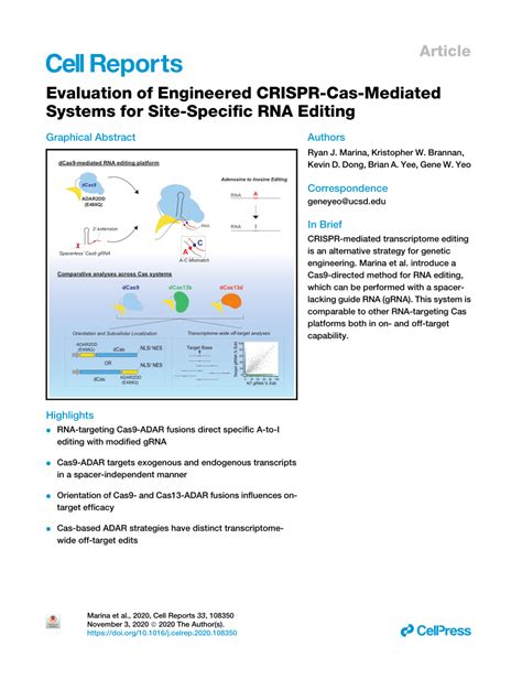 Pdf Evaluation Of Engineered Crispr Cas Mediated Systems For Site Specific Rna Editing