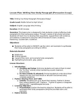 Writing Your Body Paragraph Persuasive Essay Lesson Plan TPT