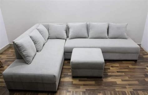 6 Seater Wooden Fabric Grey L Shape Sofa Set Without Lounger At Rs