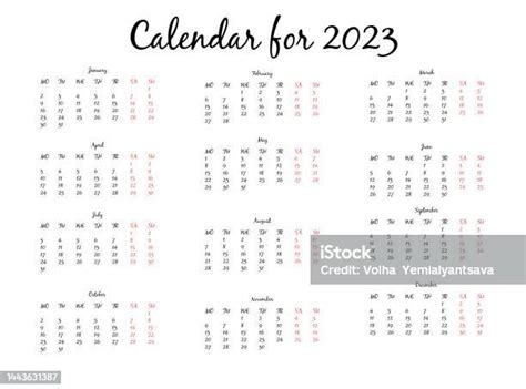 2023년 달력 서식 파일입니다 한 주는 월요일에 시작됩니다 편집 가능한 벡터 달력입니다 토요일과 일요일은 빨간색으로 표시됩니다