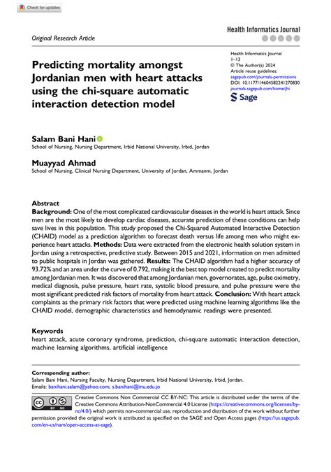 Pdf Predicting Mortality Amongst Jordanian Men With Heart Attacks Using The Chi Square