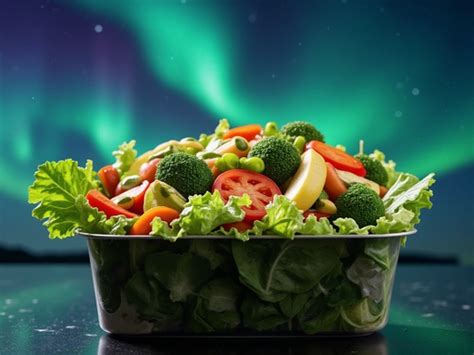 Salad Lunchbox With Aurora Borealis Background Free Images