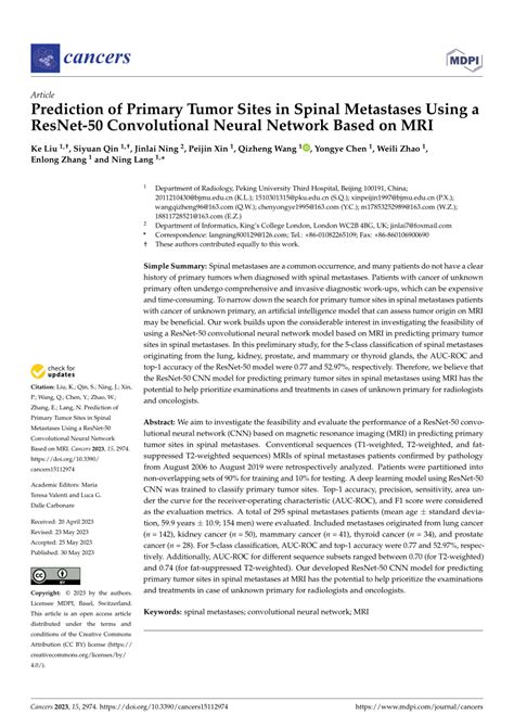 Pdf Prediction Of Primary Tumor Sites In Spinal Metastases Using A Resnet 50 Convolutional