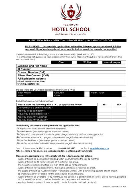 Phs Application Form Peermont Hotel School