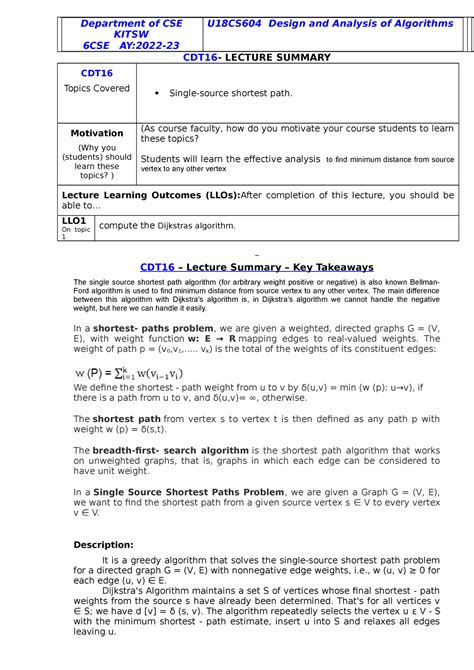 DAA CDT Important Notes Department Of CSE KITSW CSE AY U CS Design And
