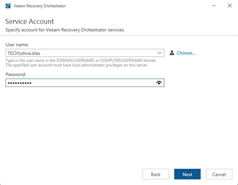 Step Specify Service Account Credentials Veeam Recovery