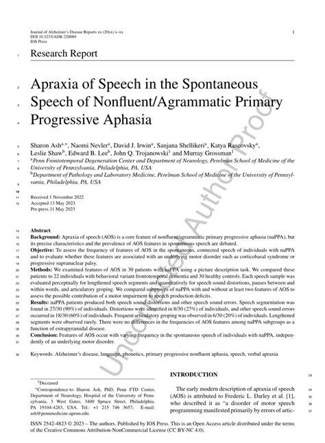 Pdf Apraxia Of Speech In The Spontaneous Speech Of Nonfluentagrammatic Primary Progressive