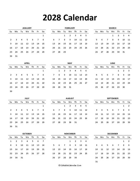 Free Printable Calendar 2028 Word PDF Excel