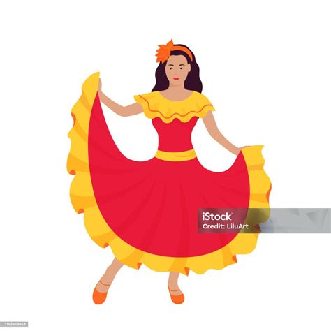 소녀는 멕시코의 밝은 빨간색 전통 드레스에 춤을 추 었습니다 싱코 데 마요 휴일 멕시코 문화에 대한 스톡 벡터 아트 및 기타