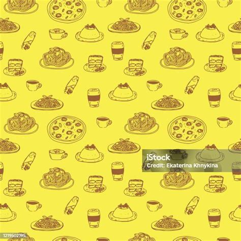 이탈리아 음식 원활한 패턴 벡터 일러스트레이션 핸드 드로잉 파스타 피자 리조또 티라미수 판나 코타 크림 튜브 에스프레소 라떼와 카푸치노 갈색과 노란색 0명에 대한 스톡 벡터