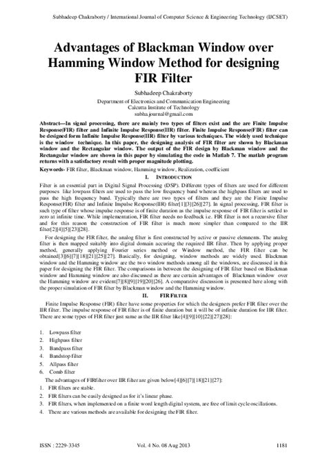 Pdf Advantages Of Blackman Window Over Hamming Window Method For