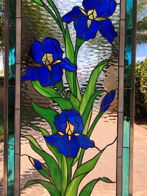 Iris Stained Glass Window Panel Hangings Iris Flowers Buds Clear