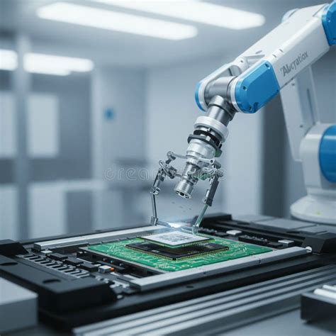 A Robotic Arm Equipped With Precision Tools Is Assembling A Microchip
