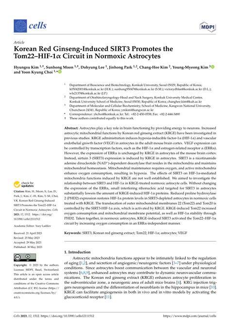 Pdf Korean Red Ginseng Induced Sirt3 Promotes The Tom22 Hif 1α Circuit In Normoxic Astrocytes