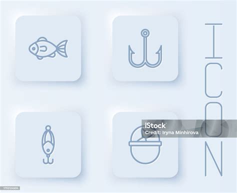 물고기가 있는 라인 물고기 낚싯바늘 미끼 및 양동이를 설정합니다 흰색 사각형 버튼입니다 벡터 가득 찬에 대한 스톡 벡터 아트 및