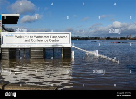 Entrance To Worcester Racecourse And Conference Centre Under Water In The Flooding Of 2014 Stock