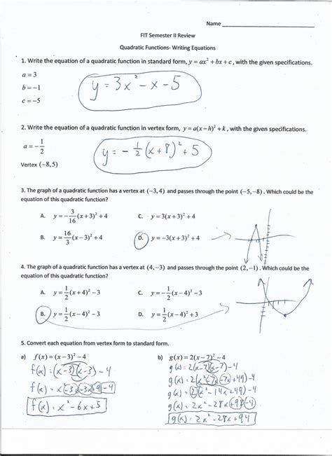 Quadratic Functions Worksheet Answer Key