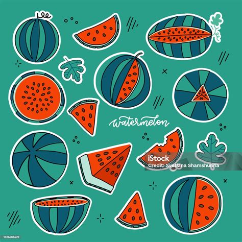 밝은 색상의 수박 낙서 손으로 그린 스티커 고립 된 햇볕이 잘 드는 과일 컬렉션 전체 슬라이스 벡터 손으로 그린 그림 개체 그룹에 대한 스톡 벡터 아트 및 기타 이미지
