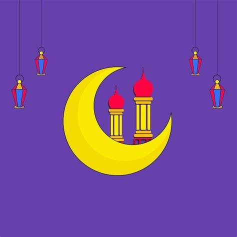 보라색 배경과 문자 메시지를 위한 공간에 장식된 초승달 모스크 첨탑이 있는 이슬람 축제 개념 프리미엄 벡터