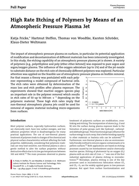 Plasma Processes Polymers 2010 Fricke High Rate Etching Of Polymers By Means Of An