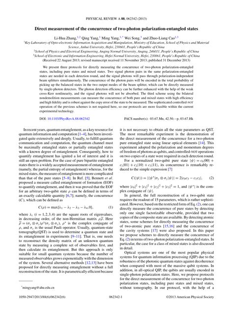 Pdf Direct Measurement Of The Concurrence Of Two Photon Polarization Entangled States