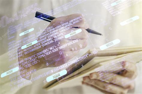 premium photo double exposure of abstract programming language with world map and man hand