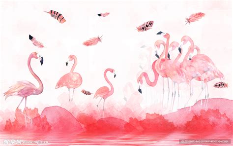 粉色精美火烈鸟背景墙画设计图 绘画书法 文化艺术 设计图库 昵图网