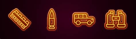 세트 라인 사냥 카트리지 벨트 총알 사파리 및 쌍안경 빛나는 네온 아이콘입니다 벡터 교통수단에 대한 스톡 벡터 아트 및 기타 이미지 교통수단 군사 금속 Istock