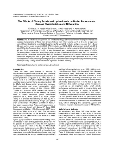 Pdf The Effects Of Dietary Protein And Lysine Levels On Broiler Performance Carcass