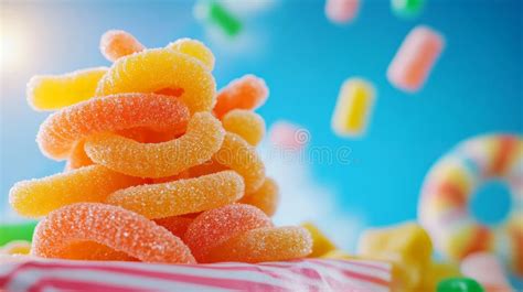 Colorful Candy Stacks With Bright Background And Floating Sweets In A Fun Summer Atmosphere