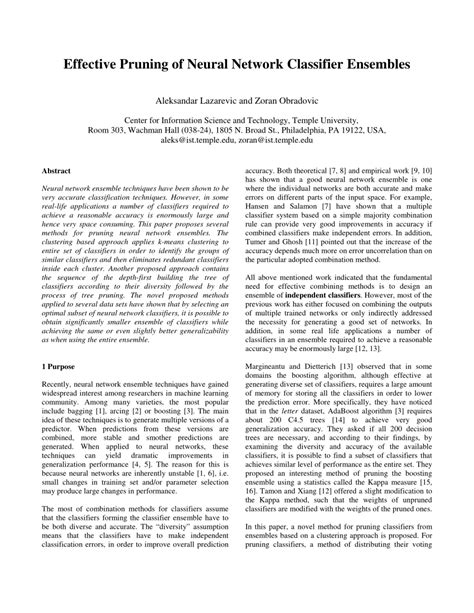 Pdf Effective Pruning Of Neural Network Classifier Ensembles
