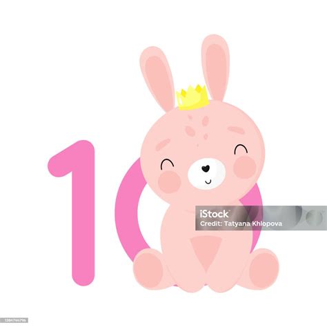 생일 파티 인사말 카드 파티 초대장 귀여운 토끼와 비문 10와 아이 일러스트 만화 스타일의 벡터 일러스트레이션 0명에 대한 스톡