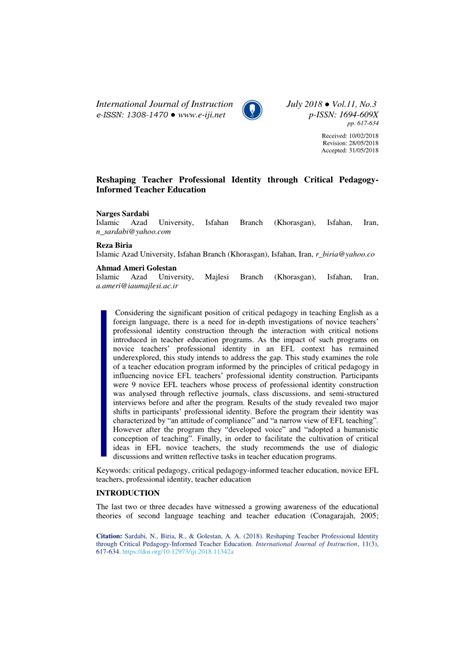Pdf Reshaping Teacher Professional Identity Through Critical Pedagogy Informed Teacher Education