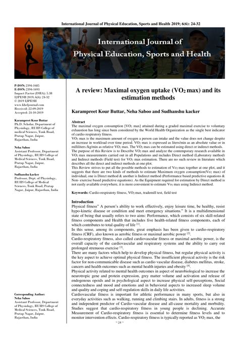 Pdf A Review Maximal Oxygen Uptake Vo2 Max And Its Estimation Methods