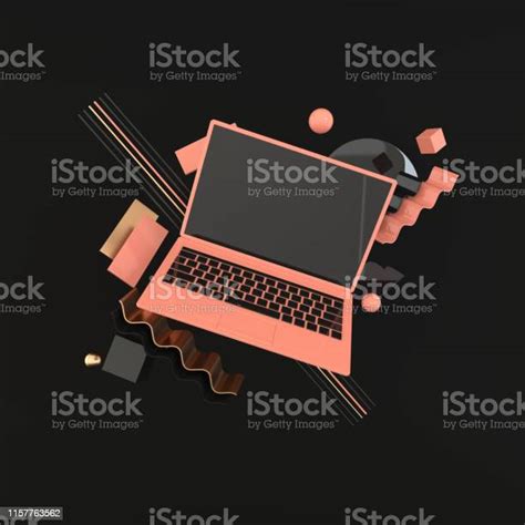 노트북 및 다른 기하학적 개체 는 현대적인 최소한의 스타일의 배경 을 조롱 노트북 3d는 파스텔 색상의 렌더링입니다 기술 가젯 개념 0명에 대한 스톡 사진 및 기타 이미지