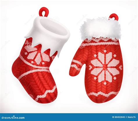 Christmas Sock And Winter Knitted Mitten Vector Icon Stock Vector