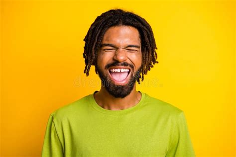 Portrait Of Comic Dark Skin Guy Close Eyes Scream Wear Casual Summer