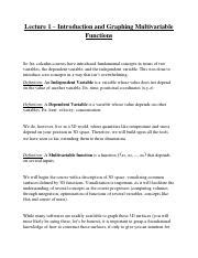 Lecture 1 1 Intro To Multivariable Functions Pdf Lecture 1