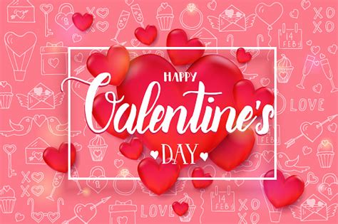 발렌타인 데이 배경 3d 빨간 하트와 손으로 그린 사랑 라인 아트 기호로 핑크 패턴에 프레임 손으로 만든 글자 밑그림입니다 해피 발렌타인 데이 하루 벡터 14에 대한 스톡