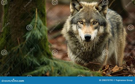 Cute Gray Wolf In Winter Forest Looking At Camera Generated By Ai Stock Image Image Of