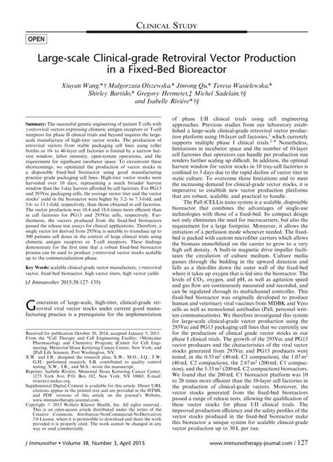 Pdf Large Scale Clinical Grade Retroviral Vector Production In A