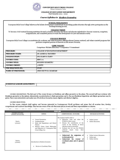 Course Syllabus In Modern Geometry Concepcion Holy Cross College