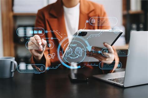 Premium Photo Woman Using Chatbot In Computer And Tablet Smart