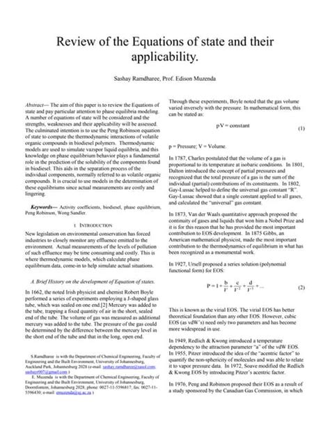 Review Of Eqs Of State Pdf Chemistry Science