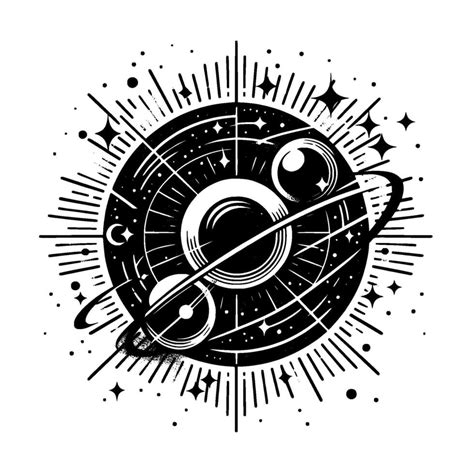 Abstract Black And White Cosmic Illustration A Stylized Celestial Body Featuring Concentric