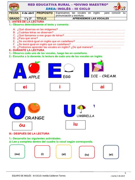 Iii 1g Inglés Las Vocales Ficha Pdf Vocal Fonética