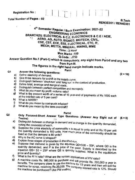 Btech 4 Sem Engineering Economics Ren3e001 2022 Pdf