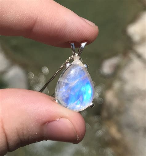 Rainbow Moonstone Necklace Blue Moonstone Pendant Sterling Etsy